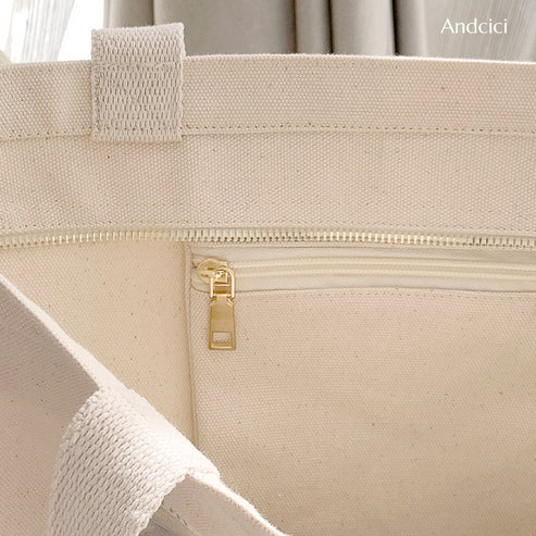 Cream Green Abstract Art Canvas Tote Bag with Zip – Andcici